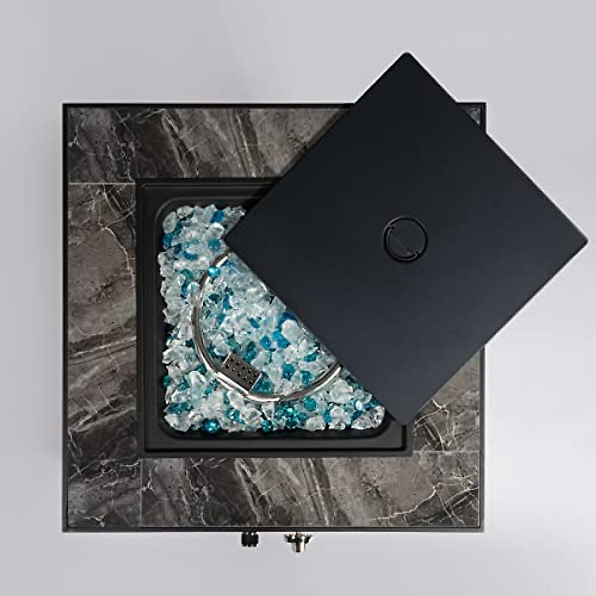 AJ Enjoy 24in Outdoor Propane Gas Fire Pit Table, 40,000 BTU Auto-Ignition Gas Firepit with Glass Wind Guard, Marble Tile Tabletop, Mixed Color Glass Rocks, Brown PE Rattan