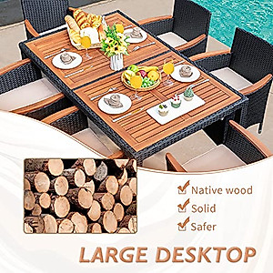 Flamaker 7 PCS Outdoor Patio Dining Set, Outdoor Patio Furniture Set, Rattan Chairs with Large Wood Table for Garden and Yard