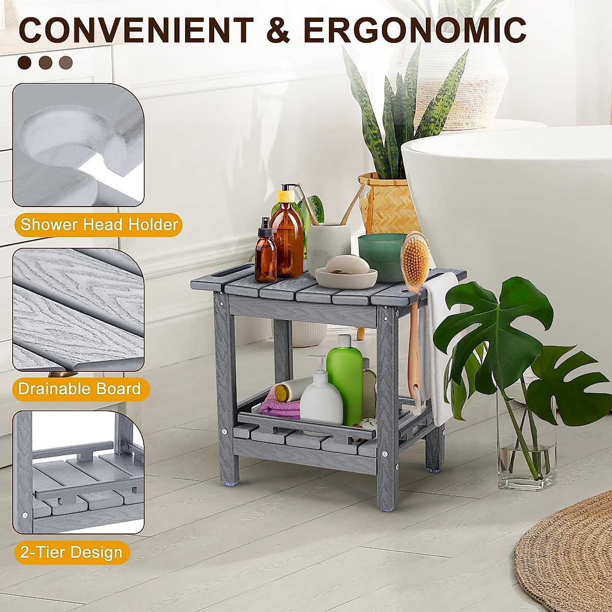 NALONE Shower Bench, HDPE Shower Benches for Inside Shower, Small Shower Chair Seat for Shaving Legs with Storage Shelf & Handles, Indoor and Outdoor Use (Grey)