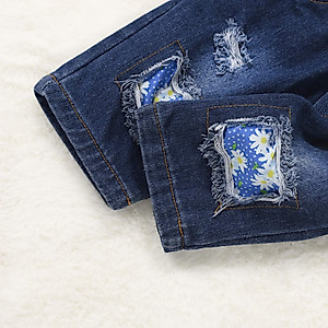 Baby Girls Clothes Blue Ruffle Short Sleeve+Baby Girl Outfits Ripped Jeans Headband Set 18-24 Months