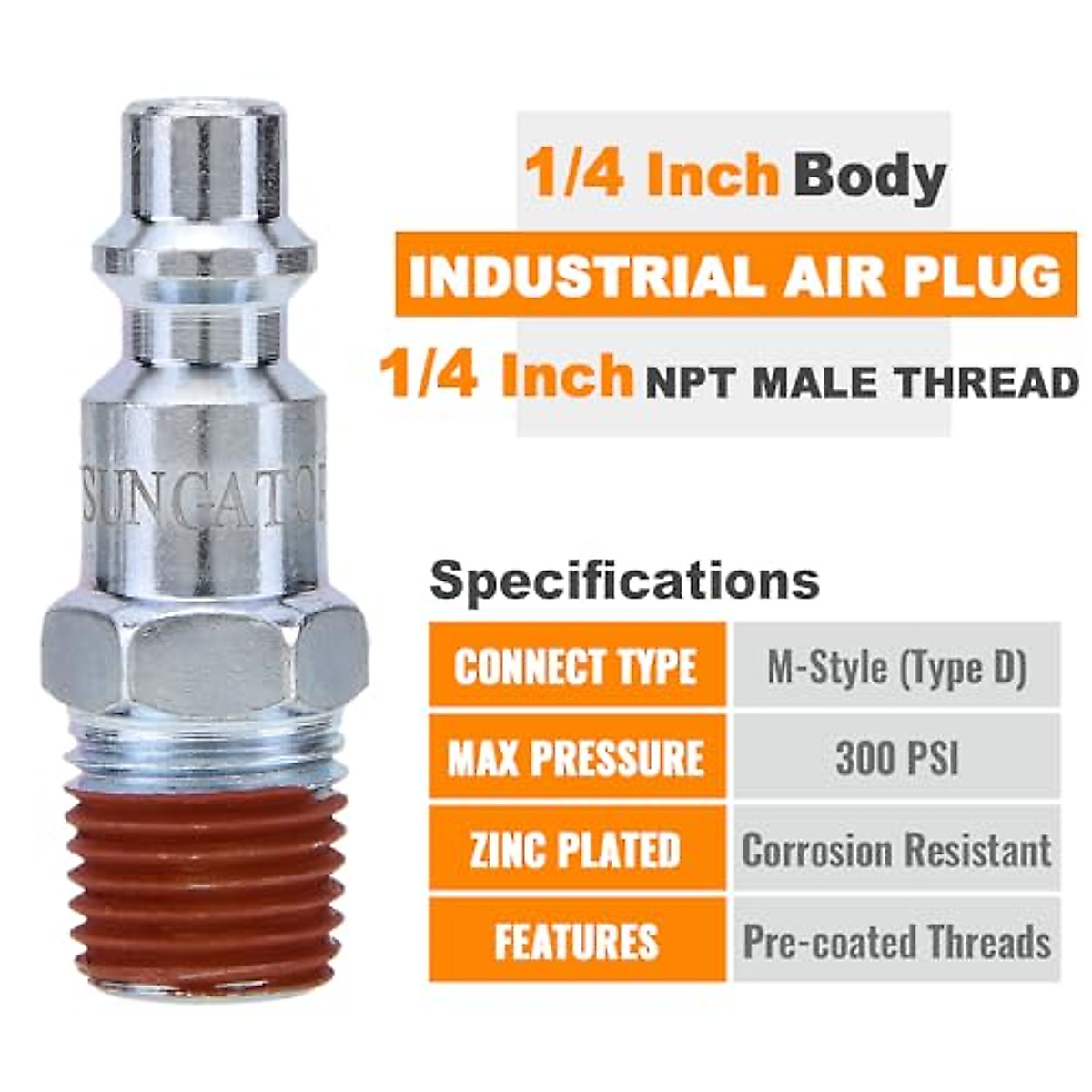 SUNGATOR 1/4-Inch NPT Male Industrial Air Plug, 1/4'' Pneumatic Plugs, Air Hose Fitting, 1/4'' Quick Connect Air Fitting, Air Hose Repair Plug Kit Compatible with I/M/D Type Air Coupler (25-Pack)