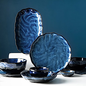 Ceramic Bowls Set for Pasta, Salad, Cereal, Dessert - 8 Inch Wide and Shallow Soup Plates, Serving Dishes Set of 4 Microwave, Dishwasher Safe, Blue