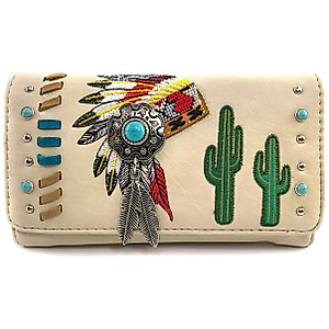 Justin West Native American Chieftain Cactus Feathers Embroidered Studded CCW Concealed Carry Shoulder Purse Handbag Wallet (Beige)