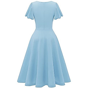 Church Dress Fit and Flare Modest Tea Party Dresses for Women, Tea Length Prom Graduation Homecoming Dress for Junior Teen, Semi Formal Wedding Guest Dress, Aline Cocktail Party Dress Blue L