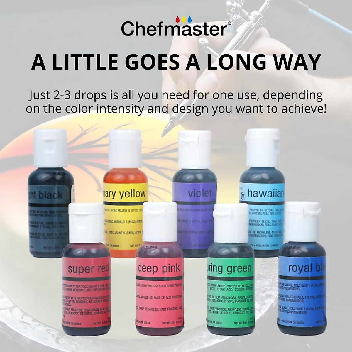 Chefmaster - Airbrush Kit - Airbrush Food Coloring - 8 Pack - True To Shade Vibrant Colors - Works With Any Airbrush Tool, Achieves Amazing Effects and Designs - Fade-Resistant Color - Made in the USA