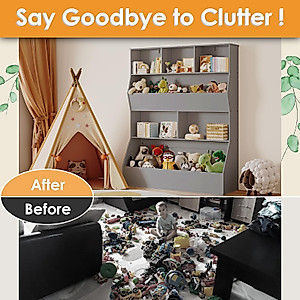 MAMIZO Toy Storage Organizer for Kids, Large Wooden Open Bookcase, 4-Tier Children Storage Cabinet, Cubby Bookshelf for Playroom Bedroom Nursery Classroom (Gray)