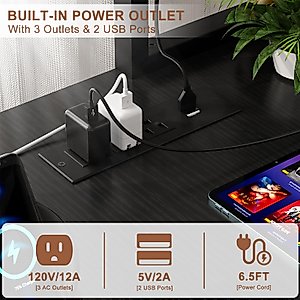 Aheaplus L Shaped Gaming Desk with Power Outlets & LED Lights, Small L- Shaped Desk Computer Corner Desk with Monitor Stand & Storage Shelf, Home Office Desk Writing Desk with Storage Bag, Black