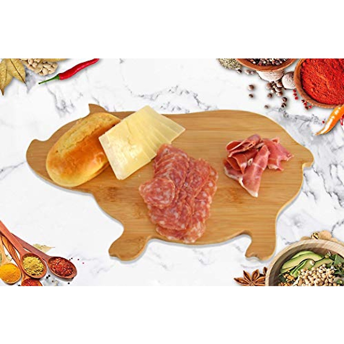 HOME-X Pig-Shaped Bamboo Reversible Cutting Board and Serving Tray, Cheese Board, Kitchen Tray, or Fruit Platter-Natural Color-15 5/8" x 9 1/2" x 5/8"