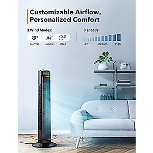 Tower Fan, 35” Oscillating Cooling Fan with 3 Speeds & 3 Modes, Auto Mode, Remote Control, LED Display, 12-Hour Timer, Portable Stand Up Floor Bladeless Fan for Bedrooms, Living Rooms, Kitchen, Offices