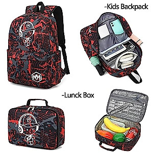 Bluboon Preschool Backpack Kids Boy Kindergarten Backpack With Lunch Box School Book Bags for Elementary Primary Schooler（Red Cool Boy
