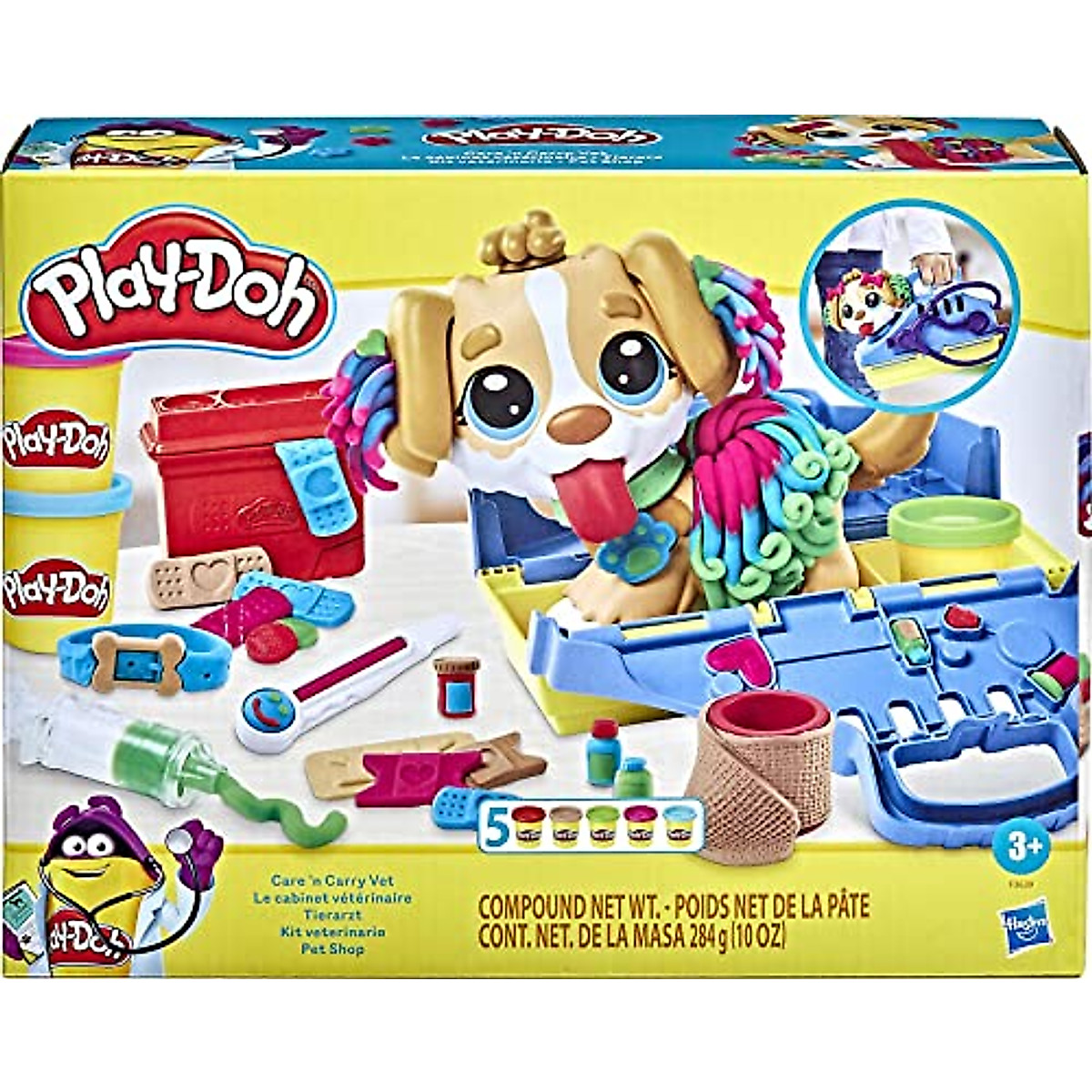 Play-Doh Care 'n Carry Vet Playset for Kids 3 Years and Up with Toy Dog, Storage, 10 Tools, and 5 Modeling Compound Colors, Non-Toxic