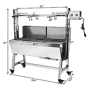 Migoda Stainless Steel Rotisserie Grill with Back Cover Guard, 25W Motor Small Pig Lamb Rotisserie Roaster, 37'' 2 in 1 BBQ Charcoal Rotisserie Grill for Camping Outdoor Kitchen