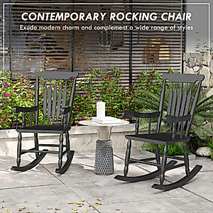 Outsunny Outdoor Wood Rocking Chairs Set of 2, 350 lbs. Porch Rockers with High Back for Garden, Patio, Balcony, Black