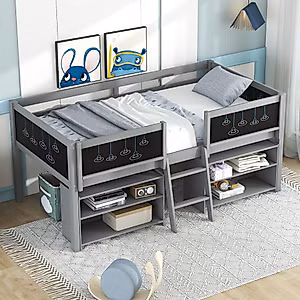 CITYLIGHT Low Loft Bed Twin with Two Movable Shelves and Ladder, Junior Loft Bed with Decorative Guardrail Chalkboard, Wood Kids Loft Bed for Girls Boys,Grey