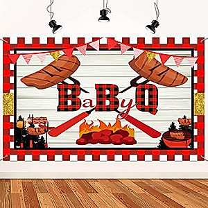 SHANSHUIART BBQ Theme Party Backdrop banner Wooden Board White and Red Lattice Background Barbecue Baby Shower Party Decorations Supplies
