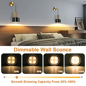 Set of 2 Battery Operated Wall Sconces, Wireless Wall Lights with Remote, Black & Gold Dimmable Wall Lamps with 3000K/4000K/6000K LED Bulbs, Modern Sconces Wall Decor for Bedroom Living Room Hallway