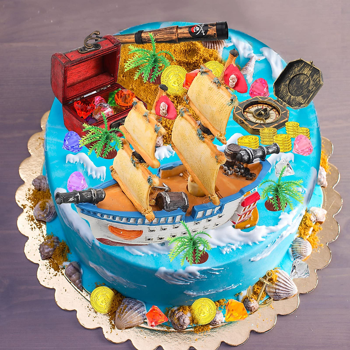32 Pcs Pirate Ship Cake Topper Nautical Sailboat Model Decoration Set Gold Coins and Pirate Gems Kids Telescope Pirate Treasure Chest Compass Mini Palm Tree for Kids Pirate Birthday Party Supplies