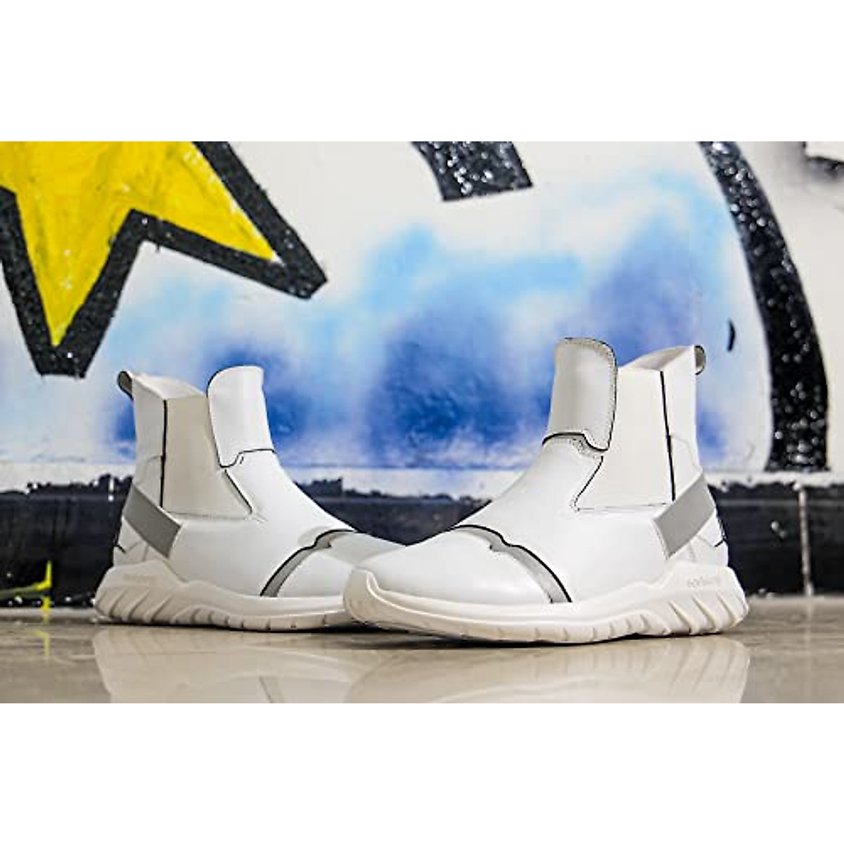 Soulsfeng High Top Sneakers Reflective Shoes Leather Splicing Lightweight Non Slip Walking Shoes White Women Size 9.5 Men Size 8