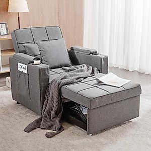 COMHOMA Convertible Sleeper Chair Bed, Armchair Bed Sleeper with Cup Holders, 3-in-1 Single Convertible Chair, Futon Chair Bed with Side Pocket, Pull Out Sleeper Bed for Living Room(Grey)