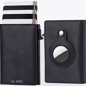 Abby's Anti-Lost Slim Leather AirTag Wallet with Apple AirTag Case (Midnight Black) RFID Protection, Smart Thin Minimalist Pop up Credit Card AirTag Holder Trackable Wallet
