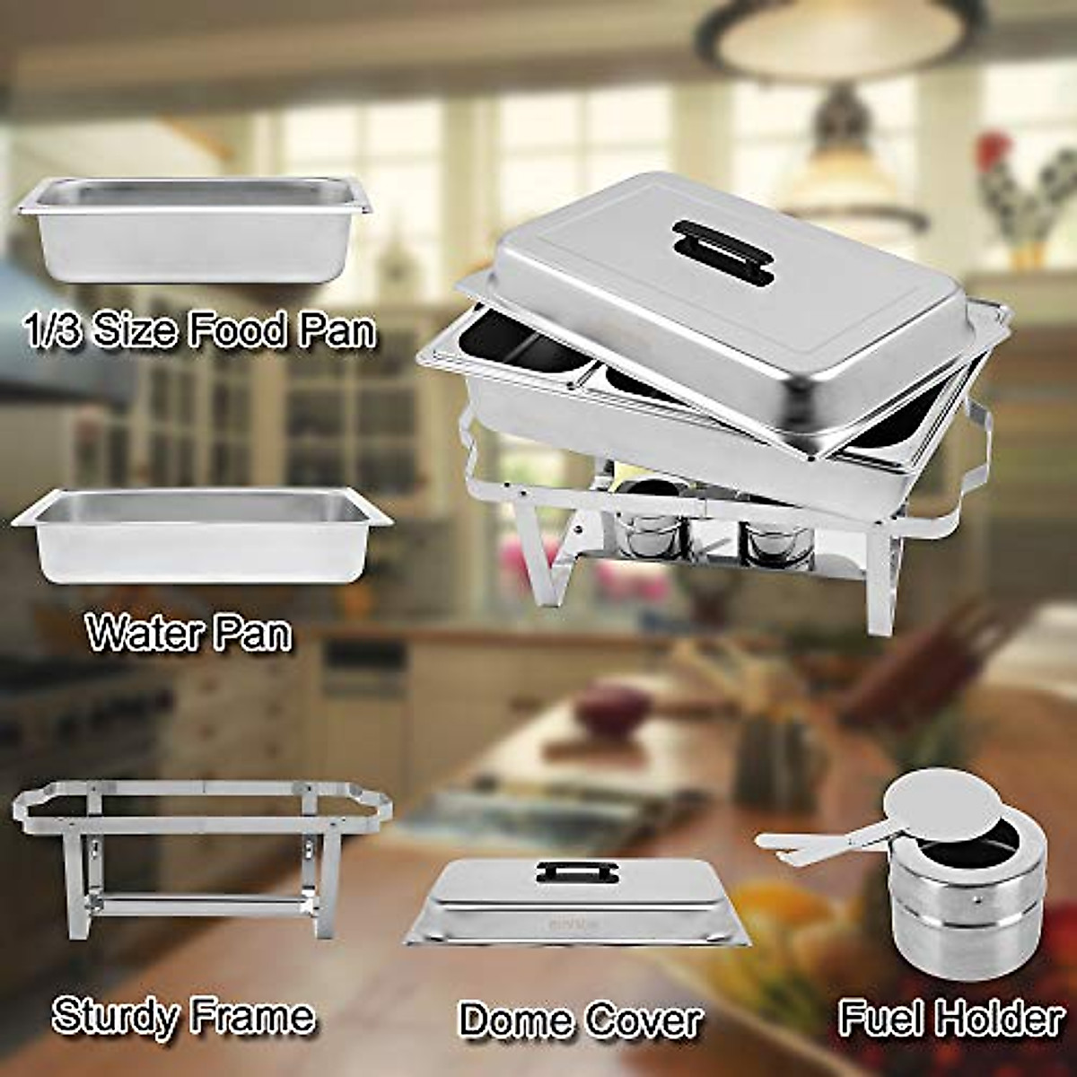 ROVSUN 8 Quart Chafing Dish Buffet Set, Stainless Steel Catering Serve Chafer, Restaurant Food Warmer, Rectangular Buffet Stove with 3 1/3 Size Food Pans and Foldable Frame for Party (1 Pack)