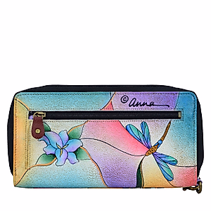 Anna by Anuschka Women's Hand Painted Genuine Leather Zip-Around Clutch - Dragonfly Glass Painting