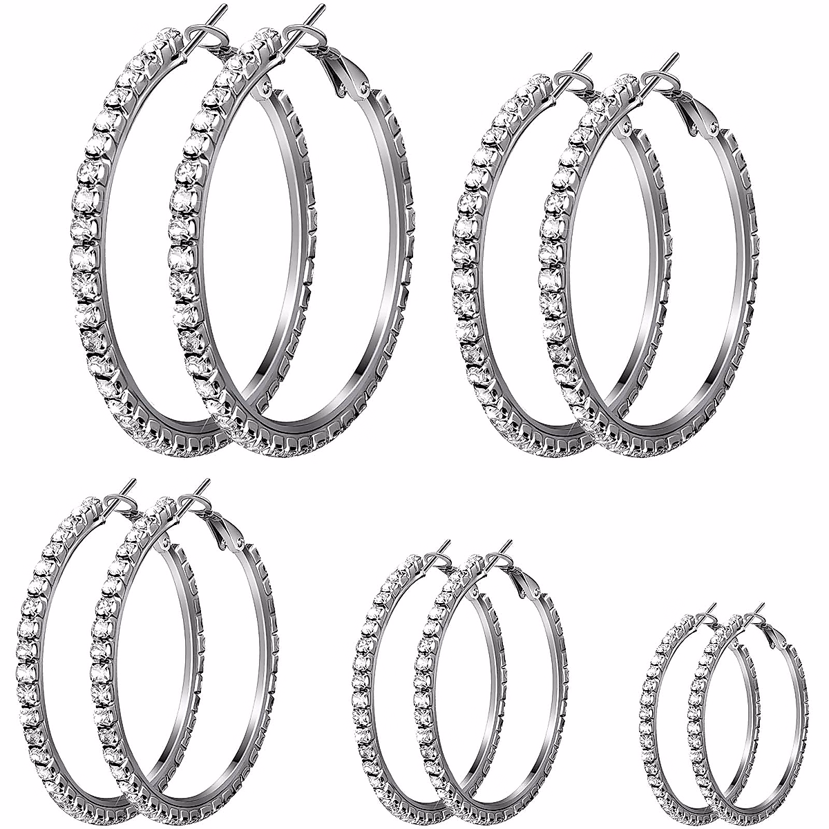 5 Pairs Large Crystal Hoop Earrings Set Big Shiny 3-7 cm Round Party Earrings Lightweight Rhinestone Hoop Earrings for Women Jewelry (Silver)