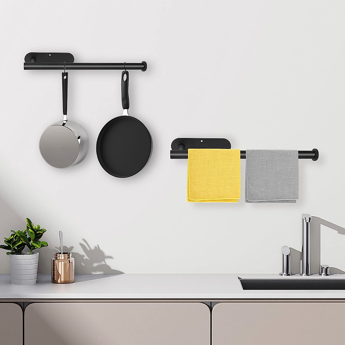 FGSAEOR Paper Towel Holder, Adhesive or Wall Mount Stand Rack Use for Paper Towel, Towels, Plastic Wrap, Stainless Steel Organization Shelf for Kitchen, Cabinet, Bathroom, Garage, Pantry (Black)