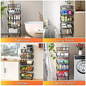 Fruit Vegetable Basket for Kitchen, 5 Tier Stackable Metal Wire Storage Basket Organizer Baskets with Rolling Wheels, Utility Rack for Kitchen, Pantry, Bathroom