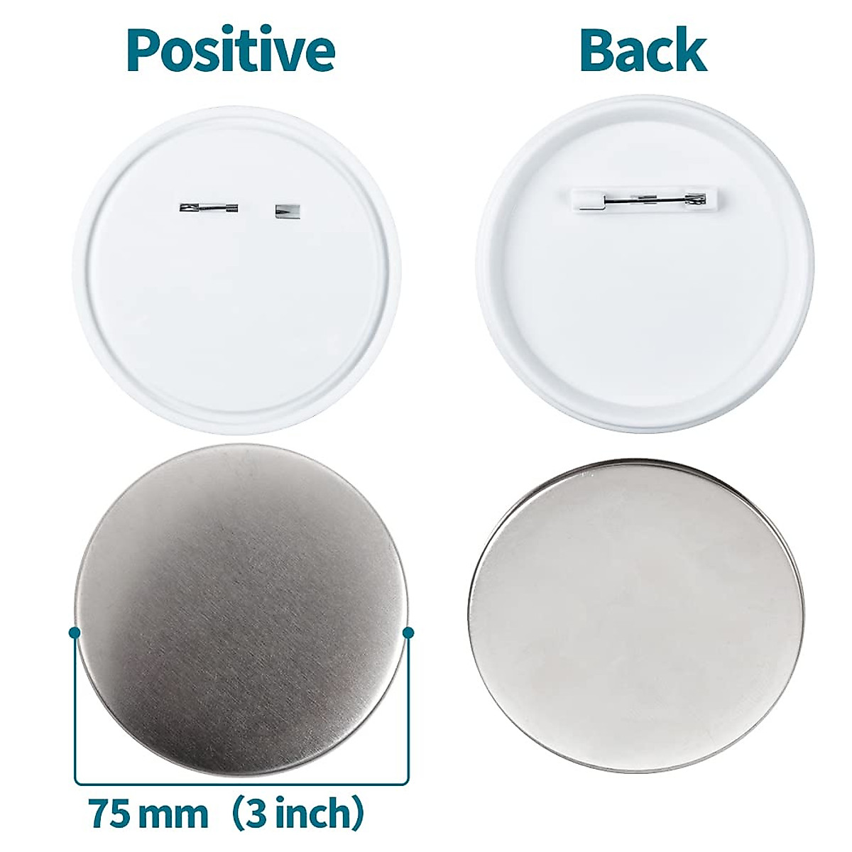 Happizza 100 Sets 75mm(3 inch) Button Parts for Button Maker Machine 75mm, Round Badge Button Making Supplies Blank Pin Back, includes Metal Cover, Plastic Button Back Cover, Clear Film&Blank Paper