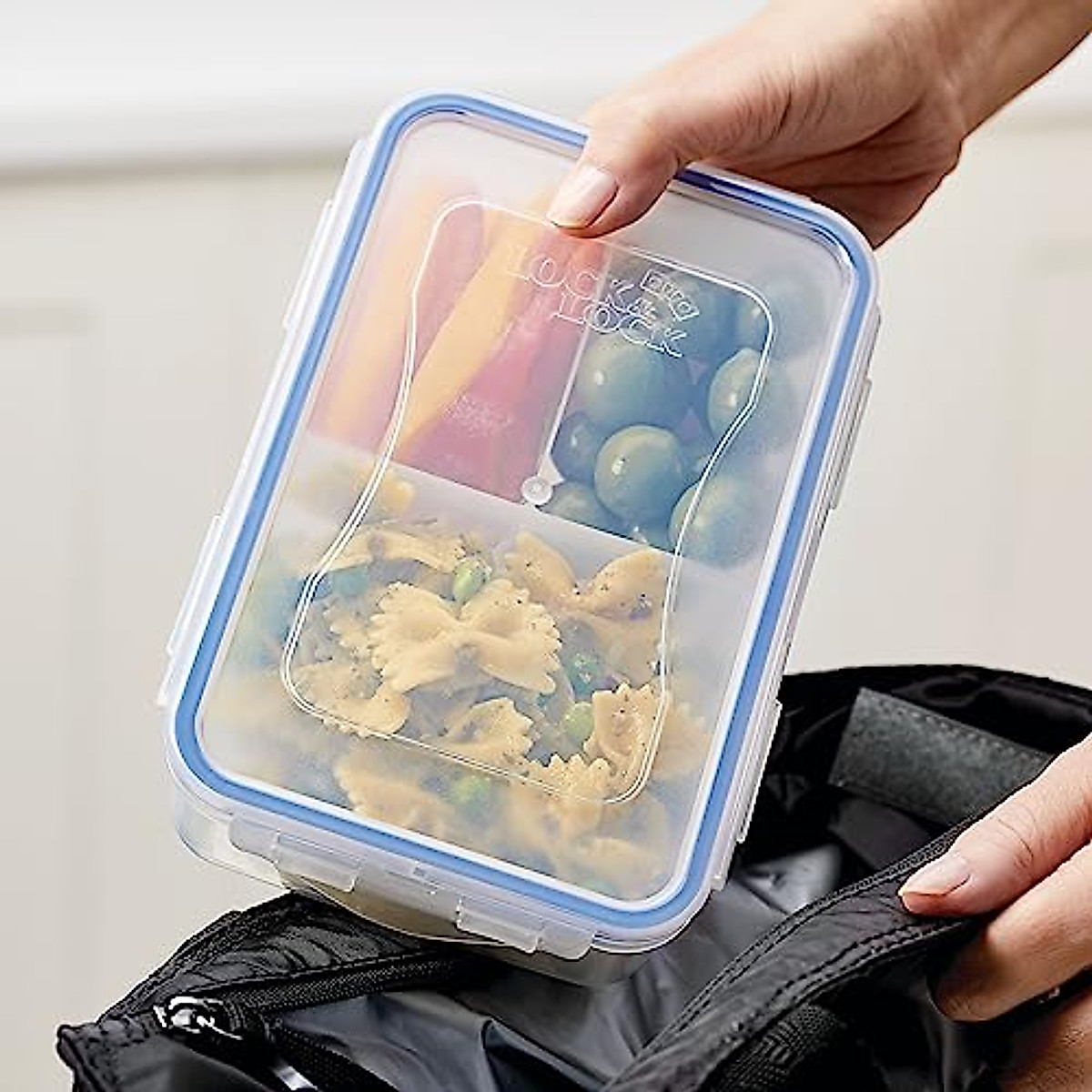 LocknLock Easy Essentials On The Go Meal Prep Lunch Box, Airtight Containers with Lid, BPA Free, Rectangle (3 Section) -27 oz, Clear
