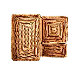 Hovico Handmade Rectangle Rattan Serving Tray for Bread Fruit, for Coffee Table Fruit Drinks Snack Bathroom Platter Kitchen Countertop Ottomans Style