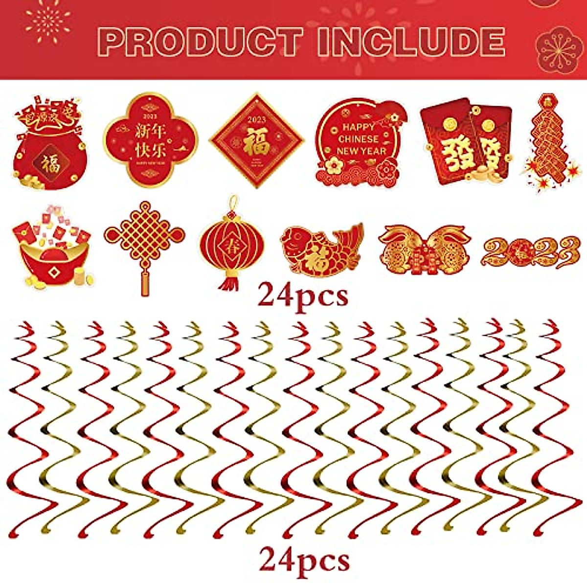 48 PCS Chinese New Year Decorations Hanging Swirls - Chinese New Year Party Hanging Decor - 2023 Festival of Rabbit Year Spring Festivals Supplies, Chinese New Party Decorations