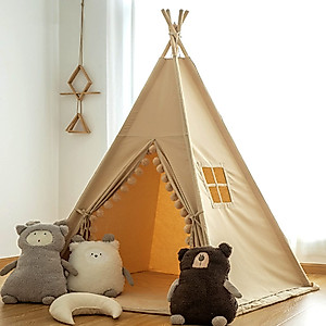 RONGFA Kids-Teepee-Tent with Lights &Large Pompoms & Carry Bag, Machine Washable Teepee Tent for Kids Indoor Tent, Foldable Toddler Tent for Kids -Toddler Teepee Tent for Girls & Boys（Without Mat）