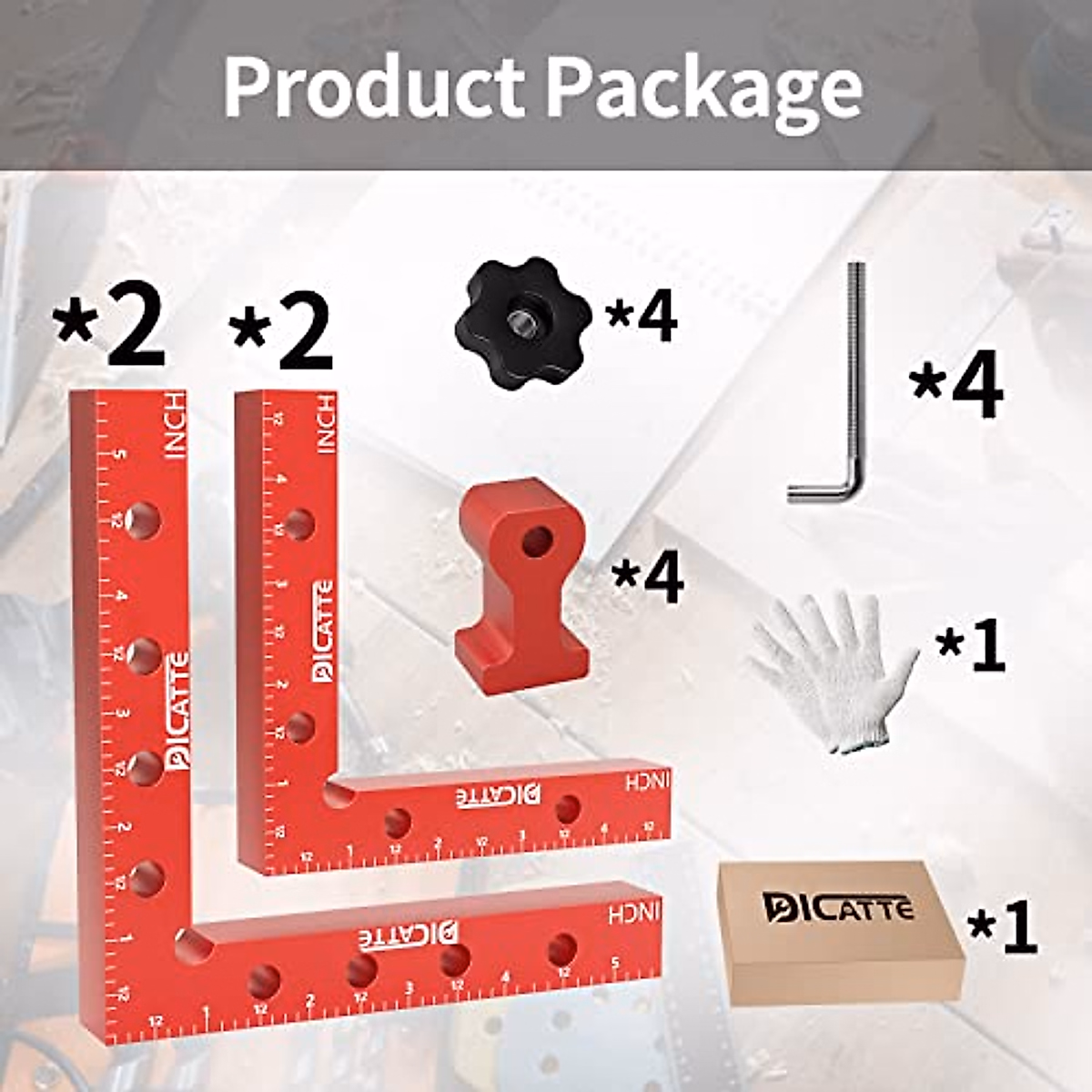 DICATTE 90 Degree Positioning Square Right Angle Clamp(5.5" +4.7") Aluminum Alloy Woodworking Carpenter Tool,4 Pcs Right Angle Clamps With 4 Clamps,For Picture Frame Box Cabinets Drawers (RED)