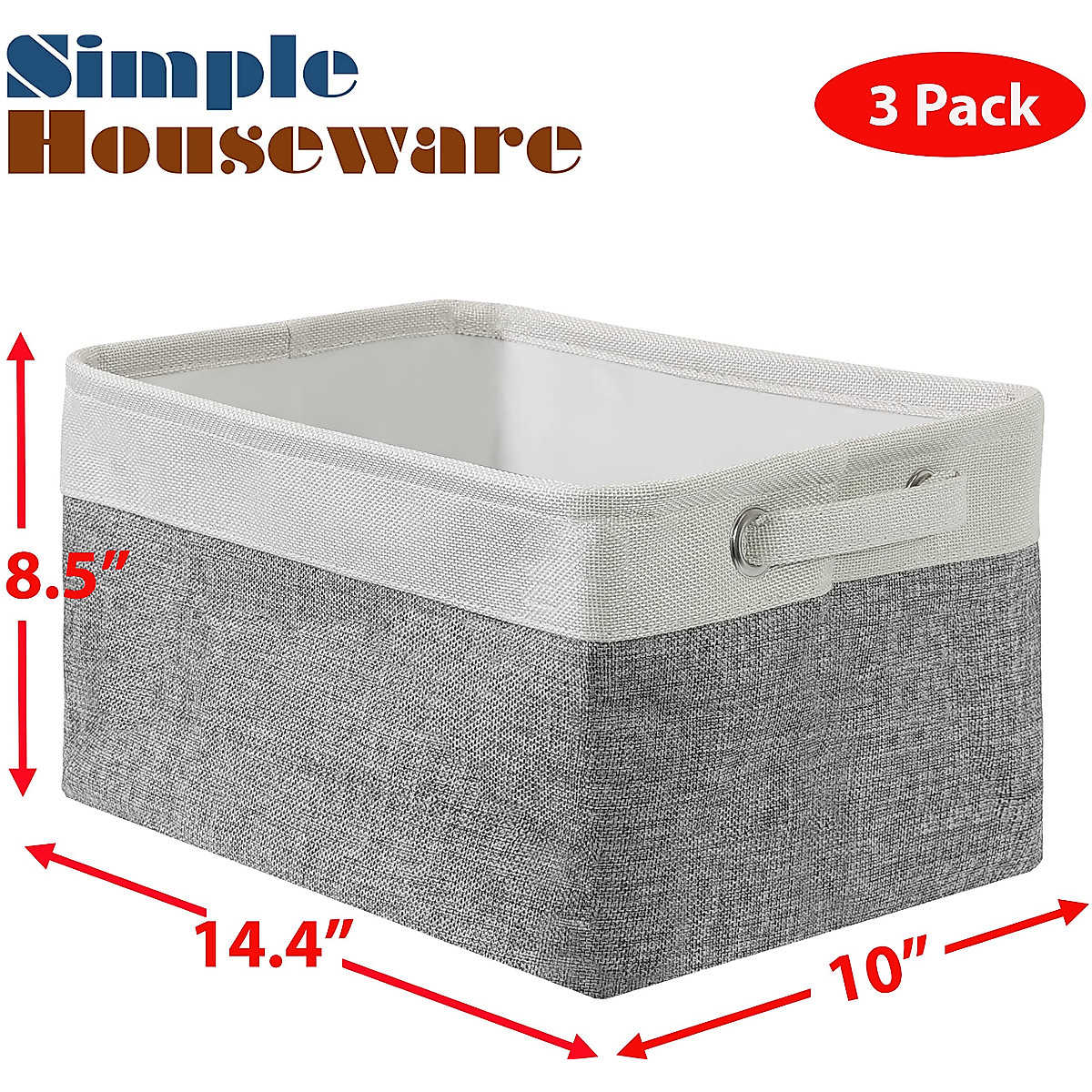 Simple Houseware Large Decorative Fabric Storage Bin Basket for Nursery, 3 Pack, Grey