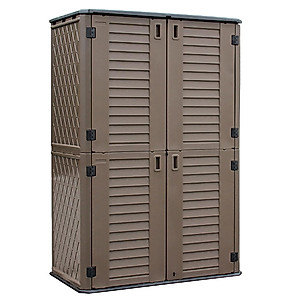 KINYING Outdoor Storage Shed Waterproof, Resin Vertical Outdoor Storage Cabinet for Patio Furniture, Garden Tools, Pool Accessories, Mower Storage (66 Cu.ft, Dark Brown)