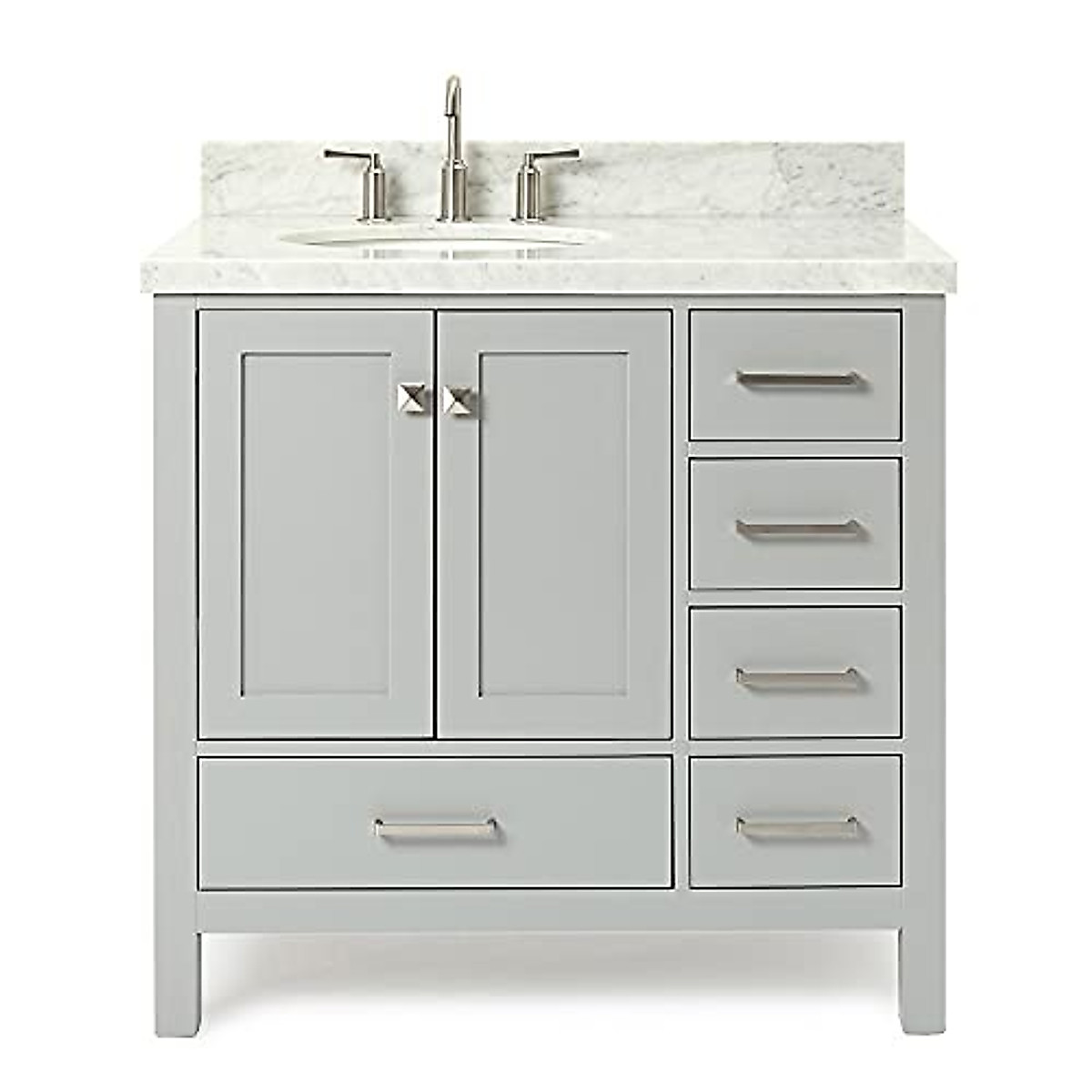 ARIEL 37" Grey Bathroom Vanity with 1.5" Edge Italian Carrara Marble Countertop & Backsplash, Left Oval Sink, 2 Soft Closing Doors, 5 Full Extension Dovetail Drawers, Brushed Nickel