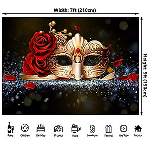 Masquerade Party Backdrops Golden Mask Red Rose Backdrop for Fiesta Mardi Gras Event Dance Photo Background Birthday Studio Photo Video Shoot Props (Vinyl-7x5ft)