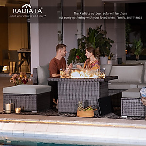 RADIATA PE Wicker Patio Furniture Set Sectional High Back Large Size Sofa Sets with Propane Fire Pit Table 55000 BTU Balcony Rattan Lounge Conversation Sets for Outdoor (7 Pieces,Light Gray)