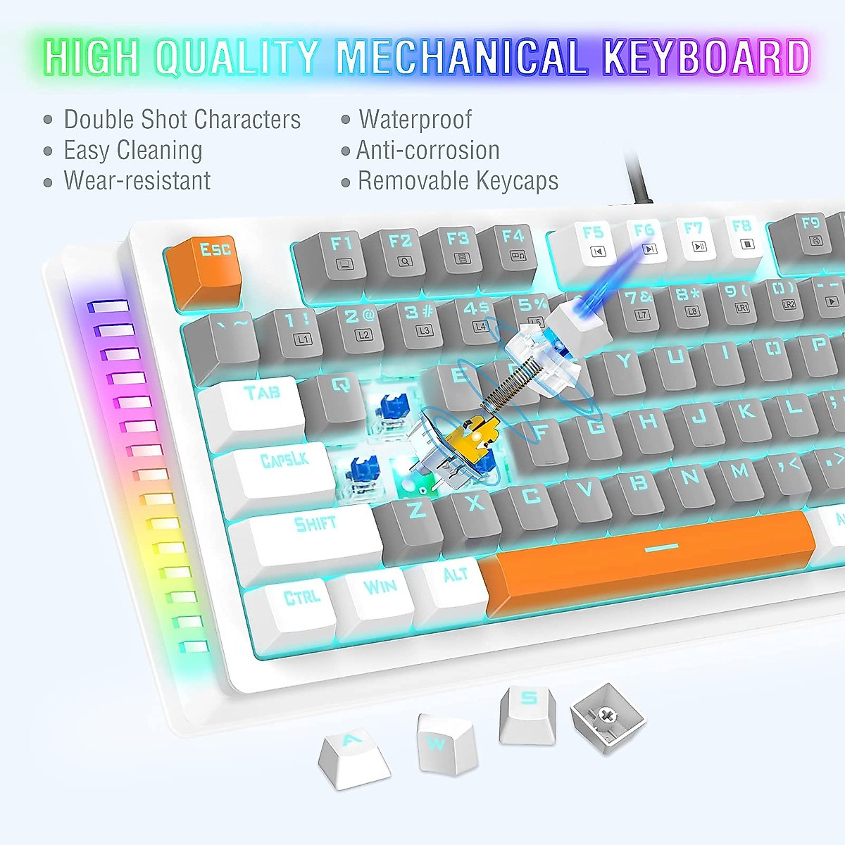 Mechanical Gaming Keyboard, Wired Mechanical Keyboard with Red Switches, 87 Keys Gaming Keyboard with Solid Color Backlit & RGB LED Sidelight for Windows Mac PC Gaming (Color : Blue Switches)