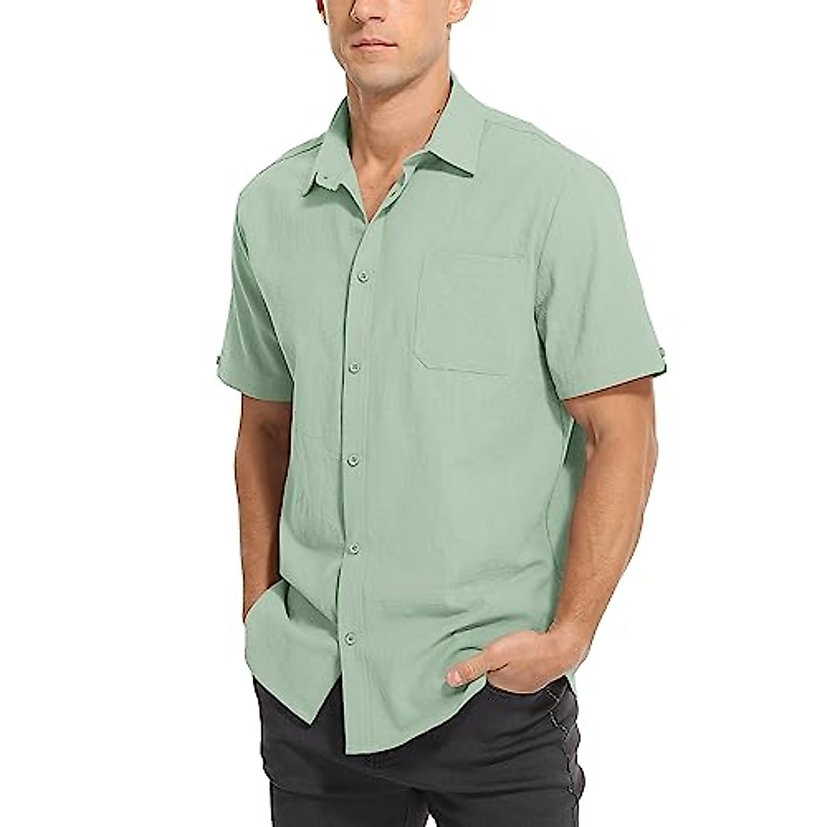 TUREFACE Shirts for Men Casual Button Down Short Sleeve Cotton Dress Shirt Big ANG Tall for Summer(Light Green,XL)