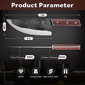 TAN REN 8 Inch Cleaver Knife and 8 Inch Butcher Knife for Meat Cutting, High Carbon Steel Boning Knife, Full Tang Meat Cleaver Knife for Home Kitchen