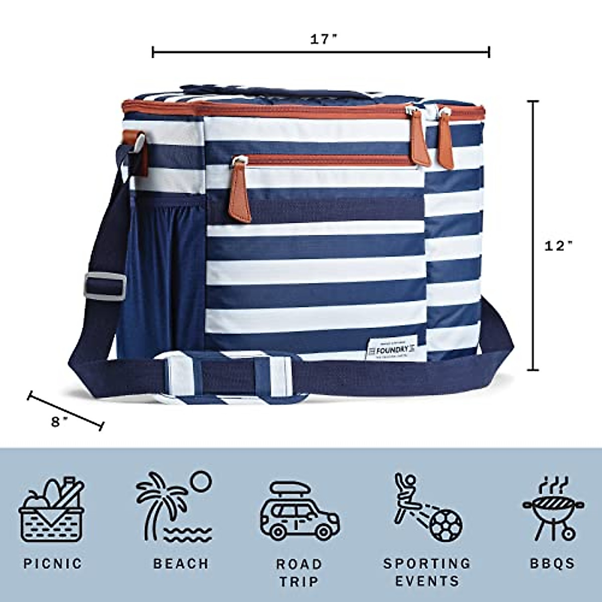 Foundry by Fit + Fresh, Brooks Dual-Compartment Insulated Cooler Bag with Wine Cooler Compartment, Food & Beverage Beach Bag, Picnic Basket, Perfect for Tailgating & Camping Accessories, Navy Stripe