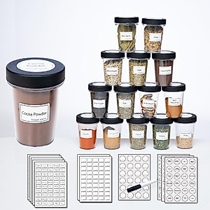 14 PCS Spice Jars storage containers,6 oz, heavy calibre Jars NOT NEED Collapsible Funnel, with Lids Spice Labels Stickers,PETG materials， (black)