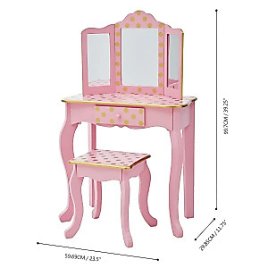 Teamson Kids Pretend Play Kids Vanity, Table & Chair Vanity Set with Mirror, Girls Makeup Dressing Table with Storage Drawer & Polka Dot Print, Gisele Collection, Pink/Gold