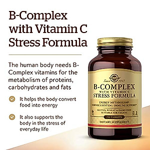 Solgar B-Complex with Vitamin C Stress Formula, 250 Tablets - Energy Metabolism, Nervous System & Immune Support - Non-GMO, Vegan, Gluten Free, Dairy Free, Kosher, Halal - 125 Servings