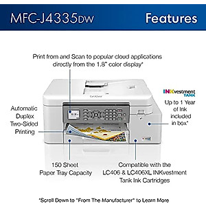 Brother MFC-J4335DW INKvestment Tank All-in-One Color Inkjet Printer, Print Scan Copy Fax, Auto Duplex Printing, Wireless Printing, 4800 x 1200 dpi, White, Bundle with Cefesfy Printer Cable