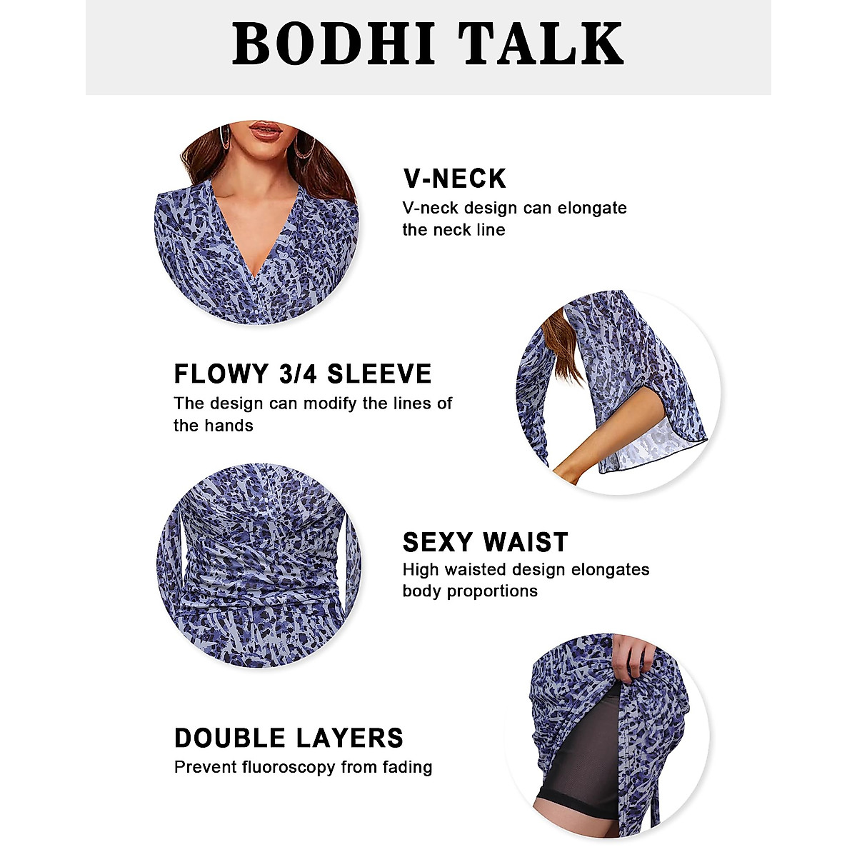 Bodhi talk Women Violet Dresses 3/4 Sleeve Knee Length Pencil Dress Elegant Wrap Cocktail Dresses Evening Party Dress for Women Zebra Violet Large