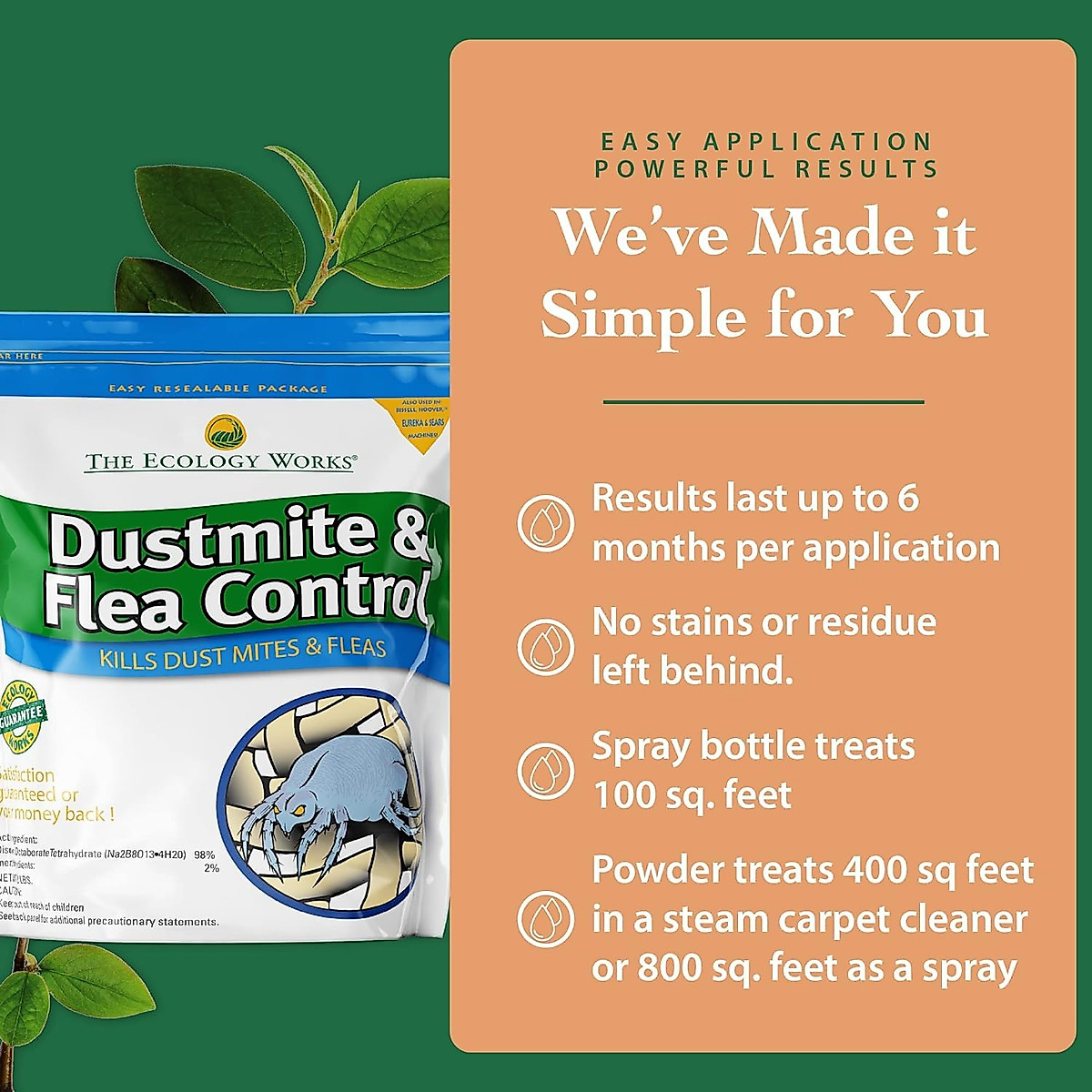 The Ecology Works - Dust Mite and Flea Control Powder (2lb) - Eliminate Dust Mites, Fleas & Reduce Allergies, Gentle Hypoallergenic Formula for Fabric, Furniture, Pet Beds & More